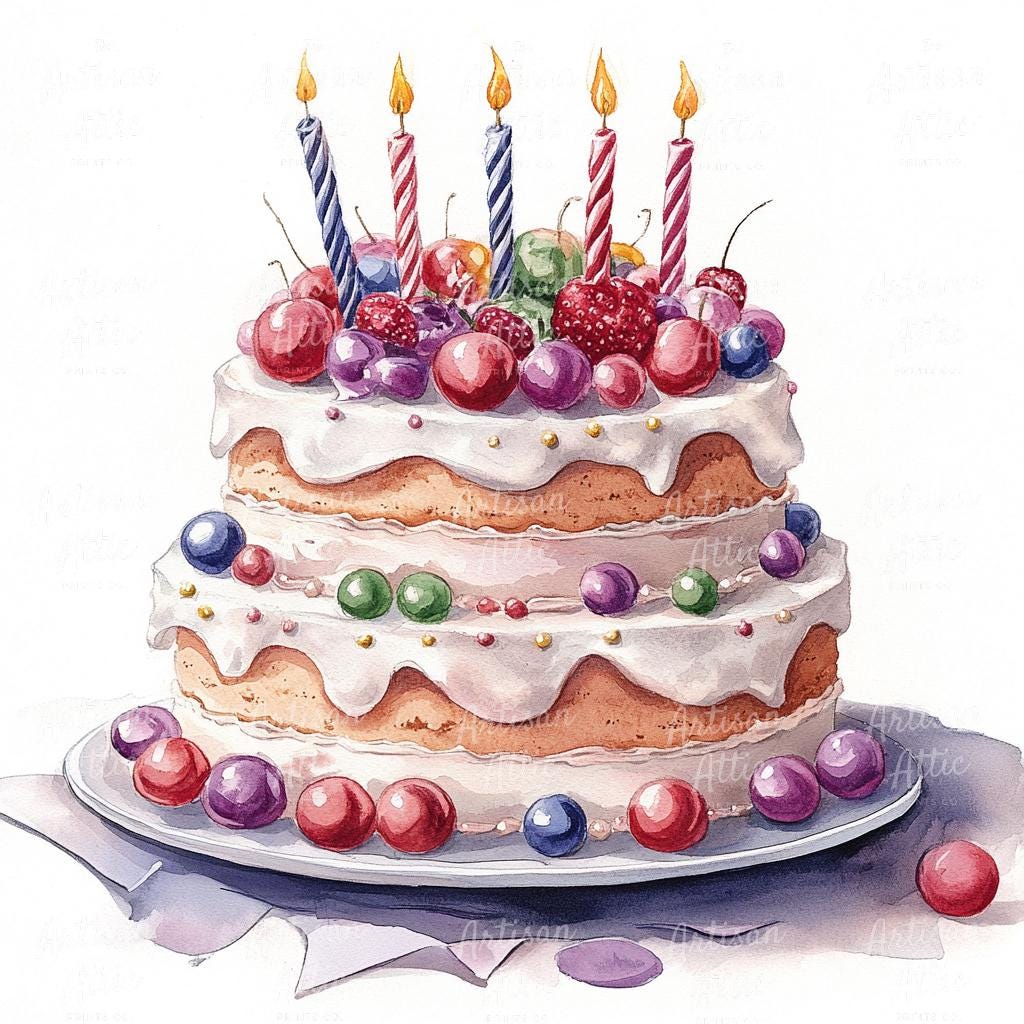 12 Watercolor Birthday Cake Digital Clipart | Purple Drip Cake With ...