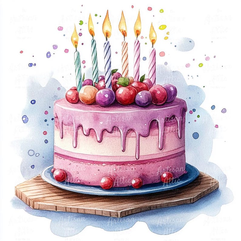 12 Watercolor Birthday Cake Digital Clipart | Purple Drip Cake With ...