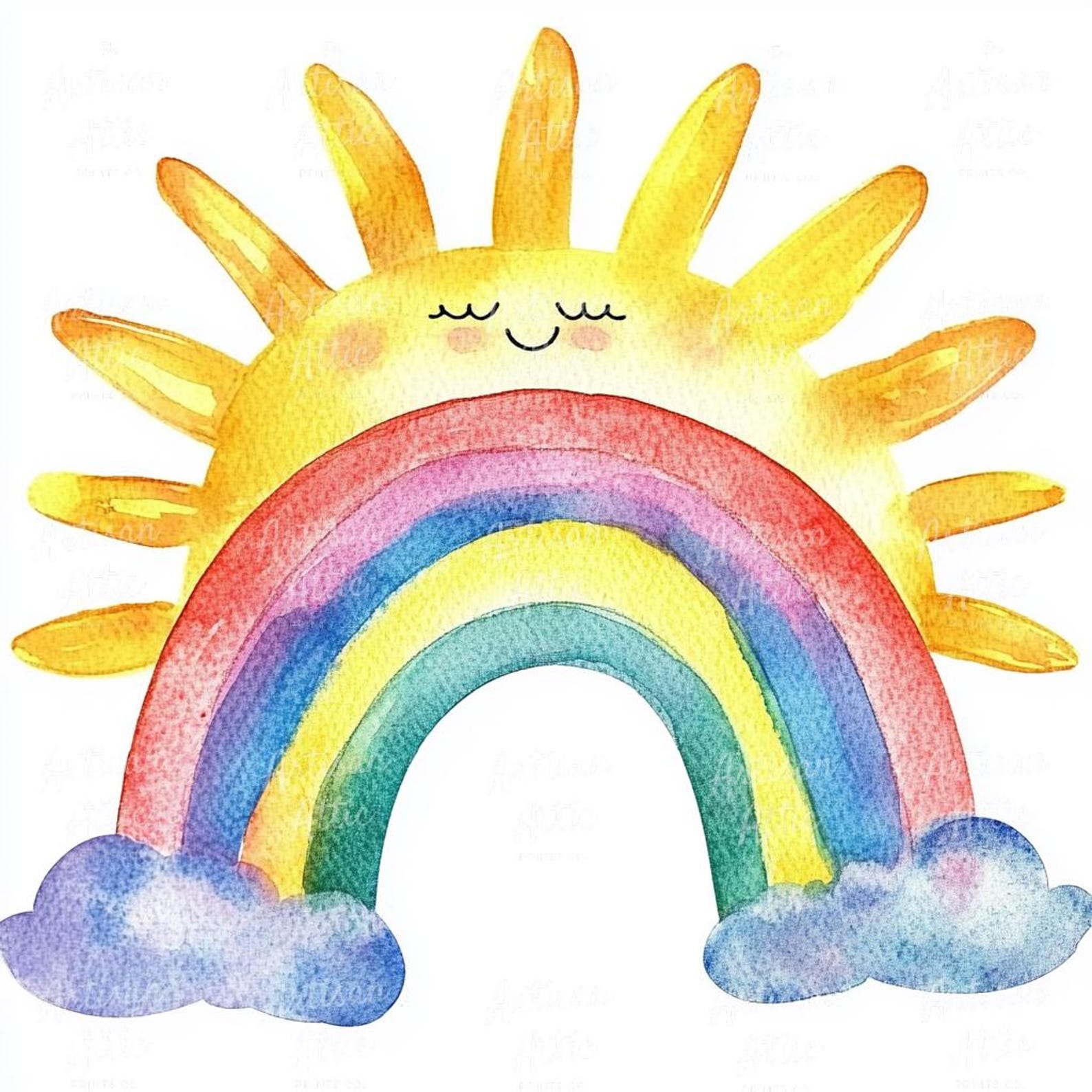 12 Watercolor Sun and Rainbow Clipart, Cute Rainbow Illustration, Happy ...
