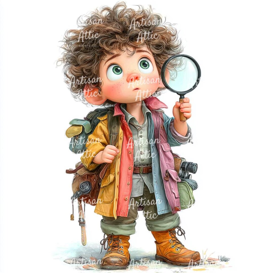 11 JPG Files of Whimsical Boy Explorer, Quirky Watercolor Style Digital ...