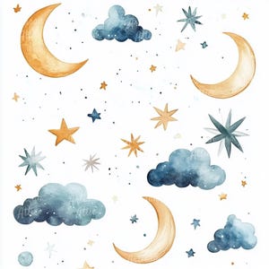 12 Watercolor Night Sky Clipart | Moon and Stars | Clouds and Sun ...