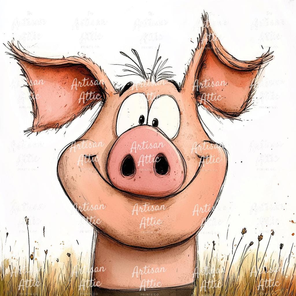 11 Quirky Watercolor Pig With Goofy Eyes and Floppy Ears, Pink Snout ...