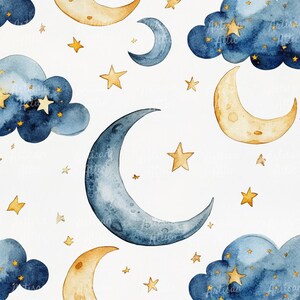 12 Watercolor Night Sky Clipart | Moon and Stars | Clouds and Sun ...