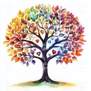 10 Colorful Love Tree Watercolor Clipart With Rainbow Leaves and Hearts ...