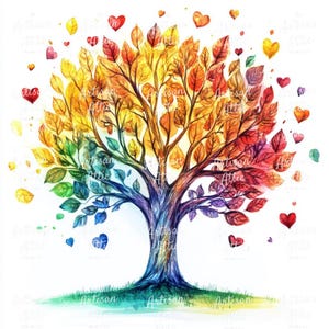 10 Colorful Love Tree Watercolor Clipart With Rainbow Leaves and Hearts ...