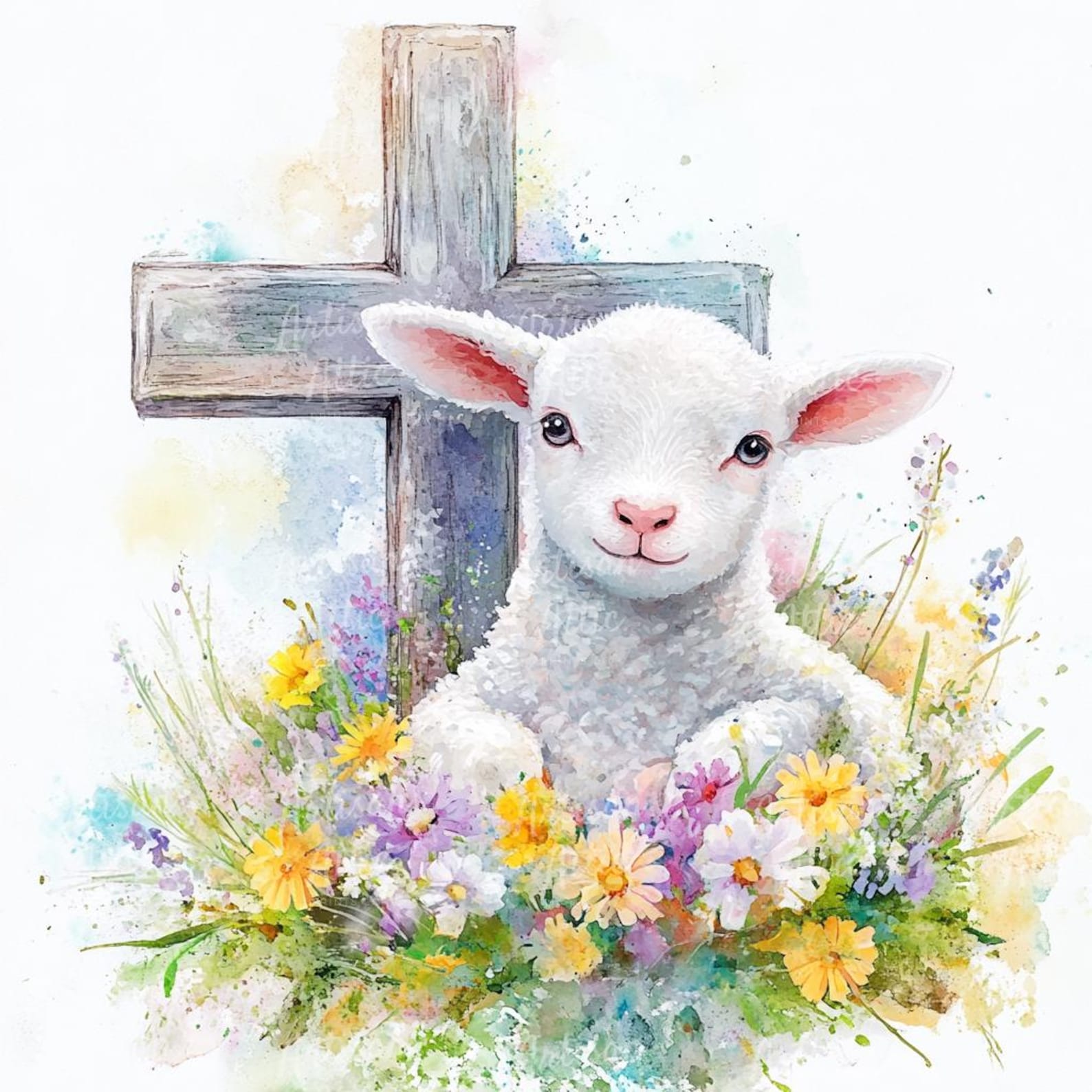 11 Watercolor Lamb With Cross Clipart, Easter Spring Flowers, Digital ...