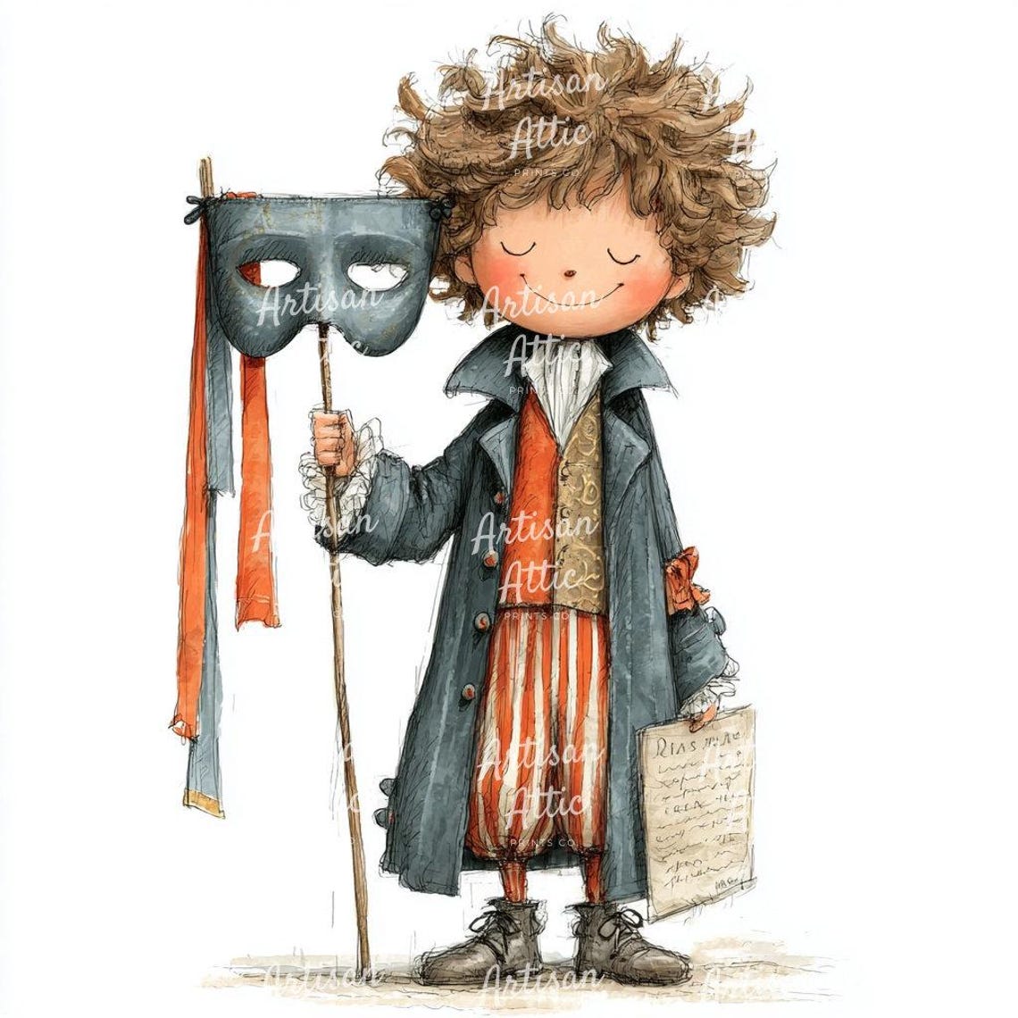 11 Clipart Images of Whimsical Boy in Costume, Quirky Watercolor Style ...