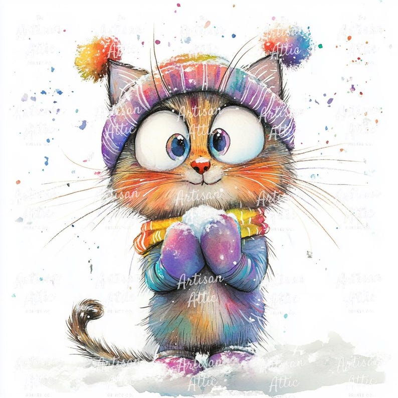 Rainbow Cat Snowball Fight Watercolor Clipart, Whimsical Winter Pet ...