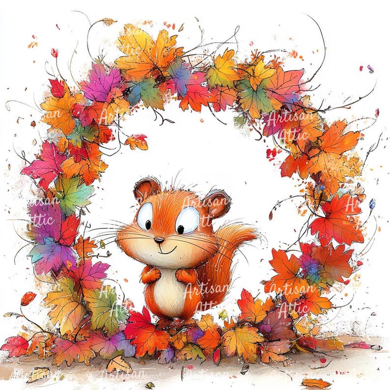 15 Quirky Squirrel Watercolor Clipart in Autumn Leaf Wreath, Woodland ...