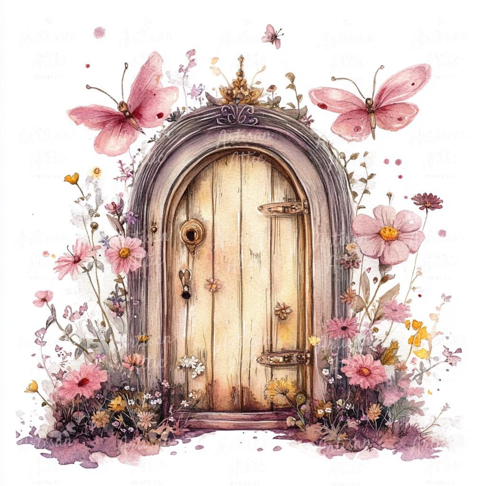 12 Watercolor Fairy Door Clipart, Fantasy Flower Door With Butterflies ...
