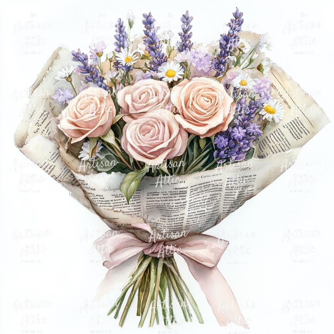 15 Rustic Newspaper-wrapped Rose & Lavender Bouquet Watercolor Clipart ...