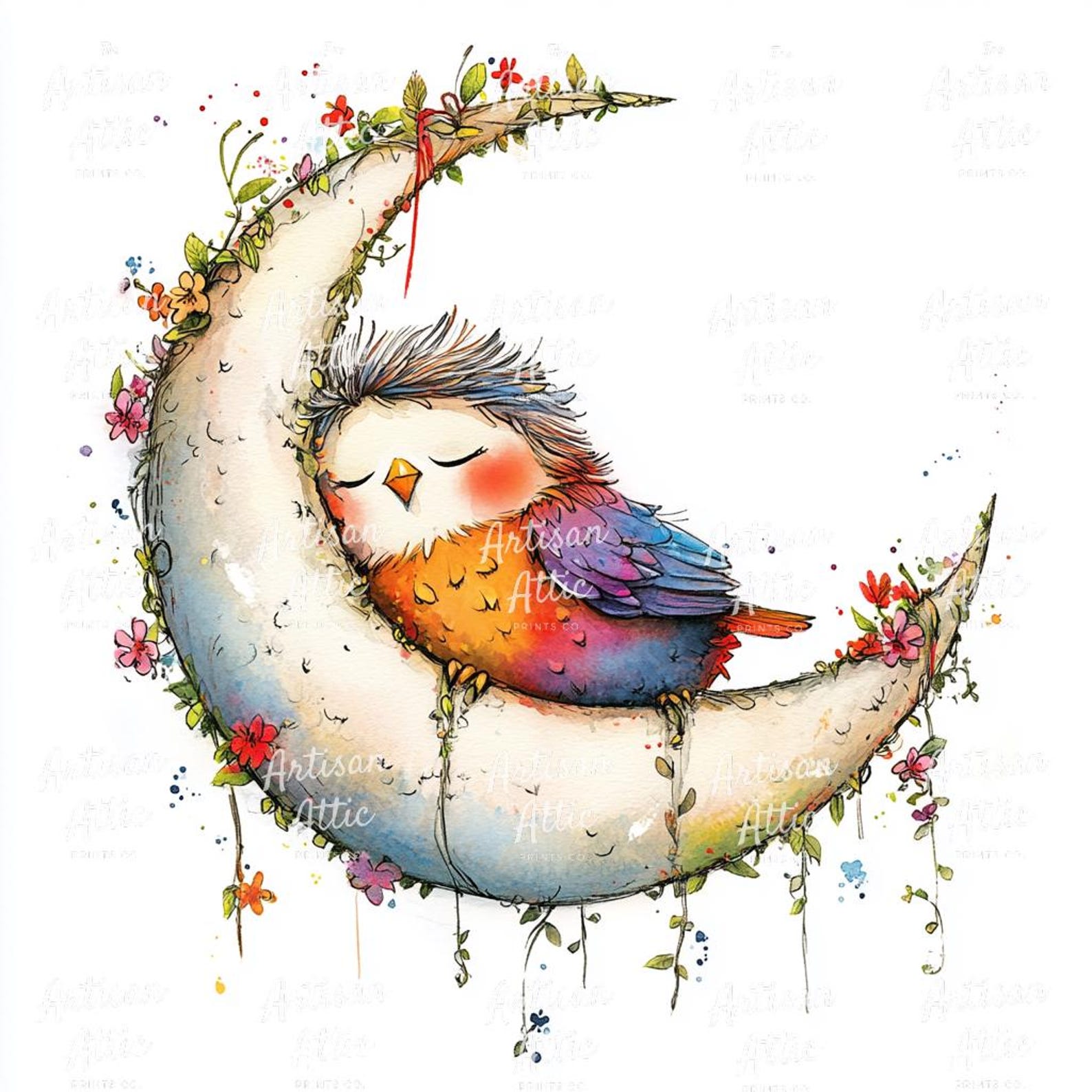 11 Sleepy Songbird on Crescent Moon Watercolor Clipart, Dreamy Bird ...