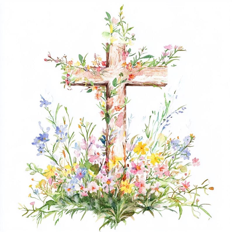 10 Watercolor Easter Cross Clipart, Floral Blooming Cross With Spring ...