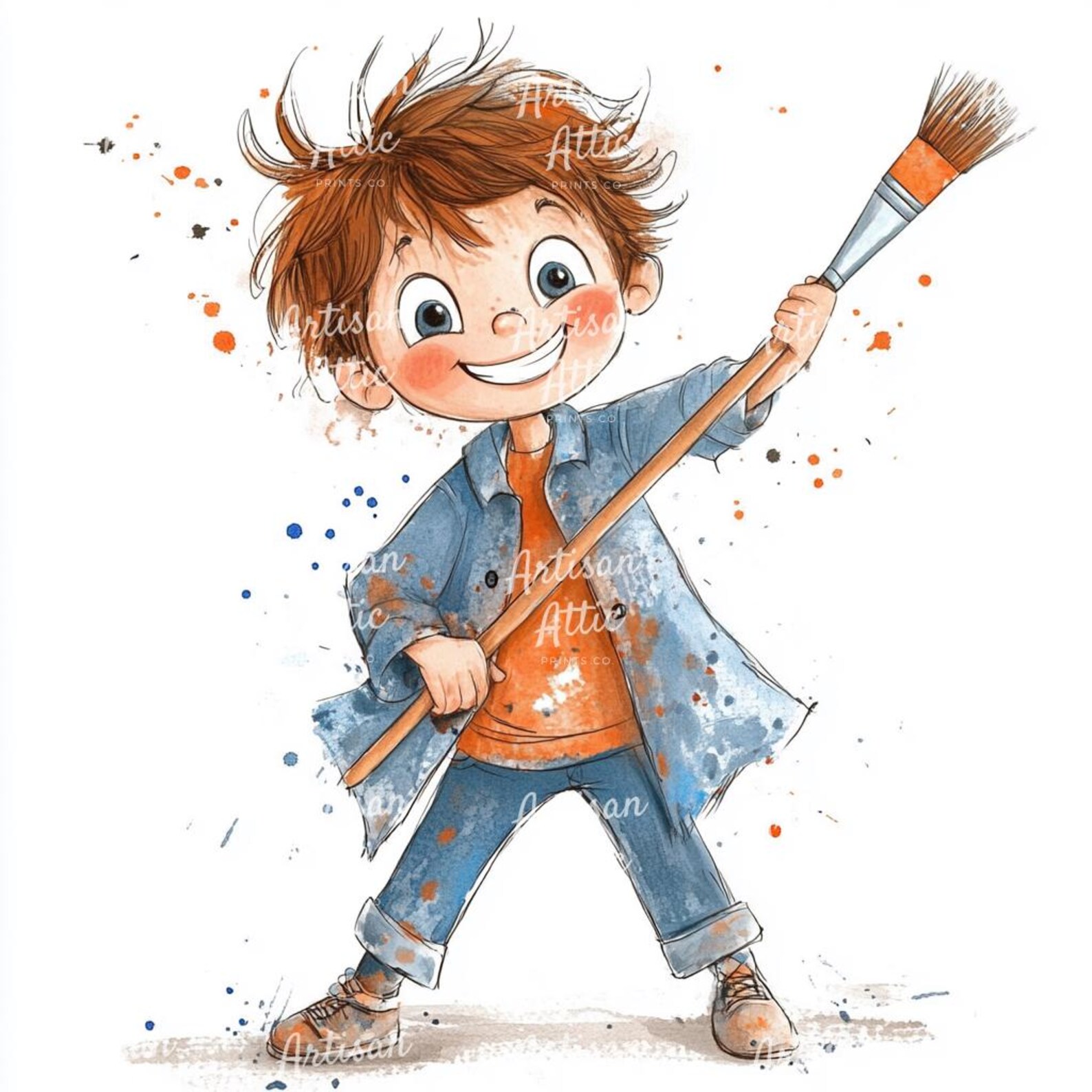 13 Cheerful Boy Artist in Blue Smock Holding Large Paintbrush ...