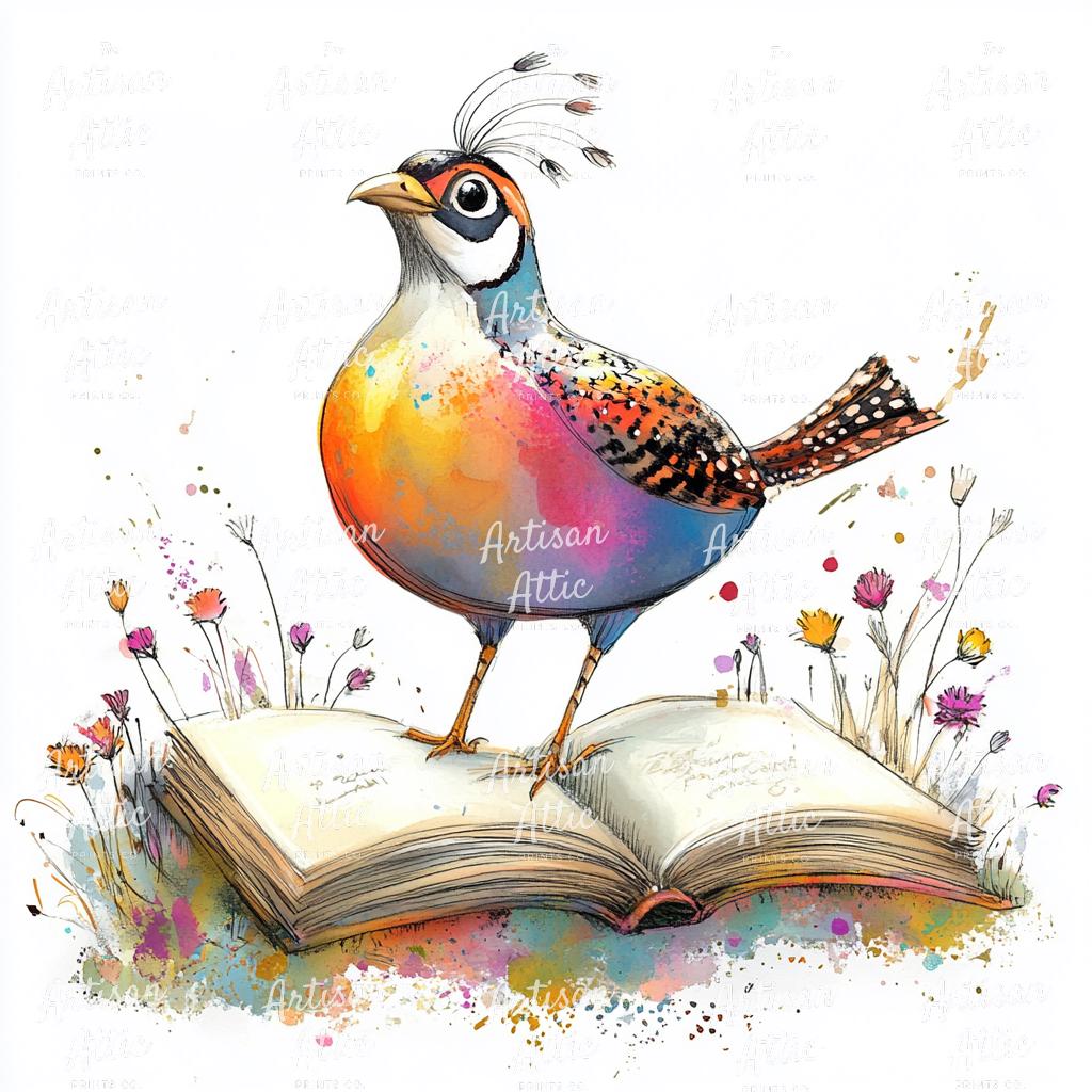 17 Quail on Open Book Watercolor Clipart, Colorful Bird Digital Art for ...