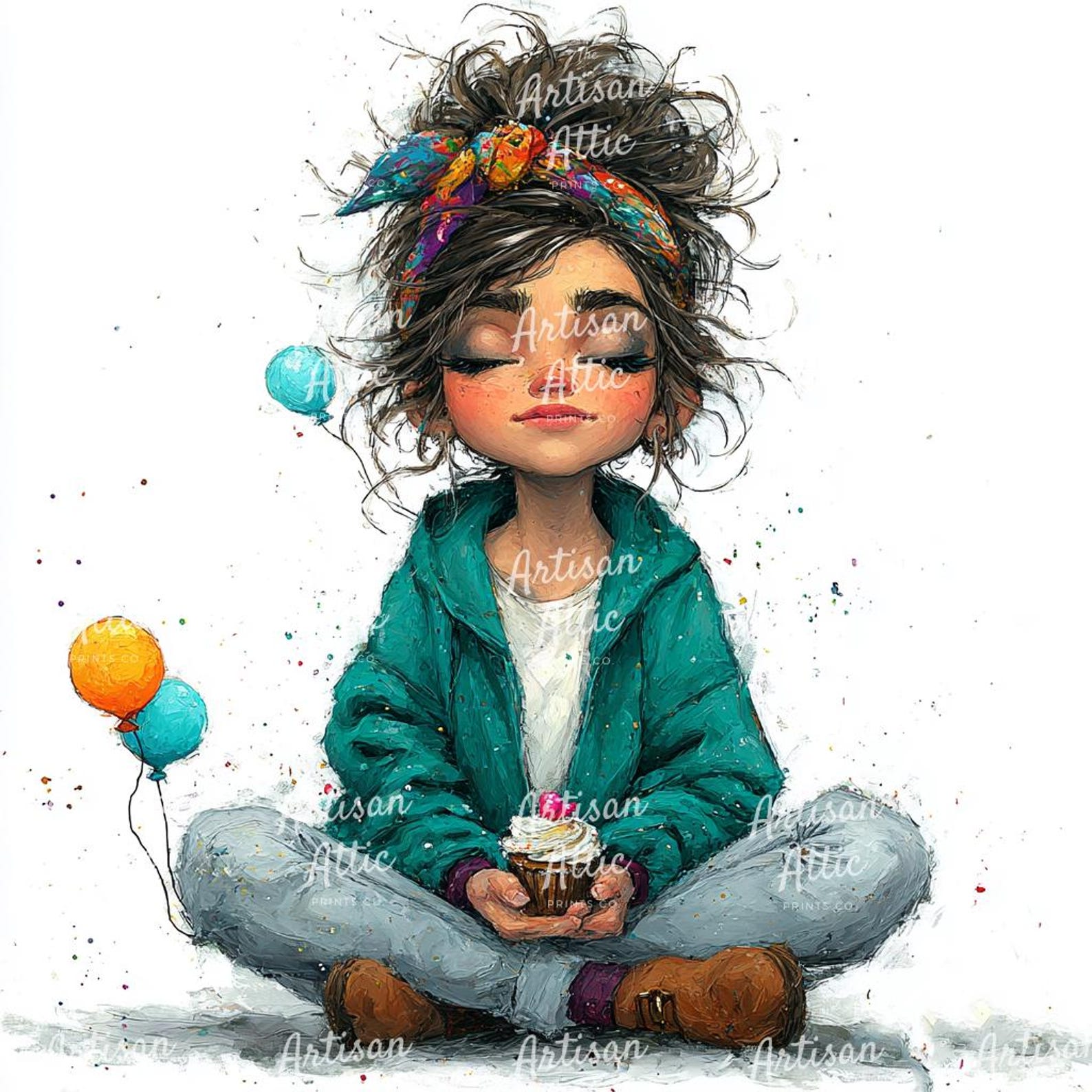 10 Whimsical Watercolor Girl With Cupcake and Balloons Seated Cross ...