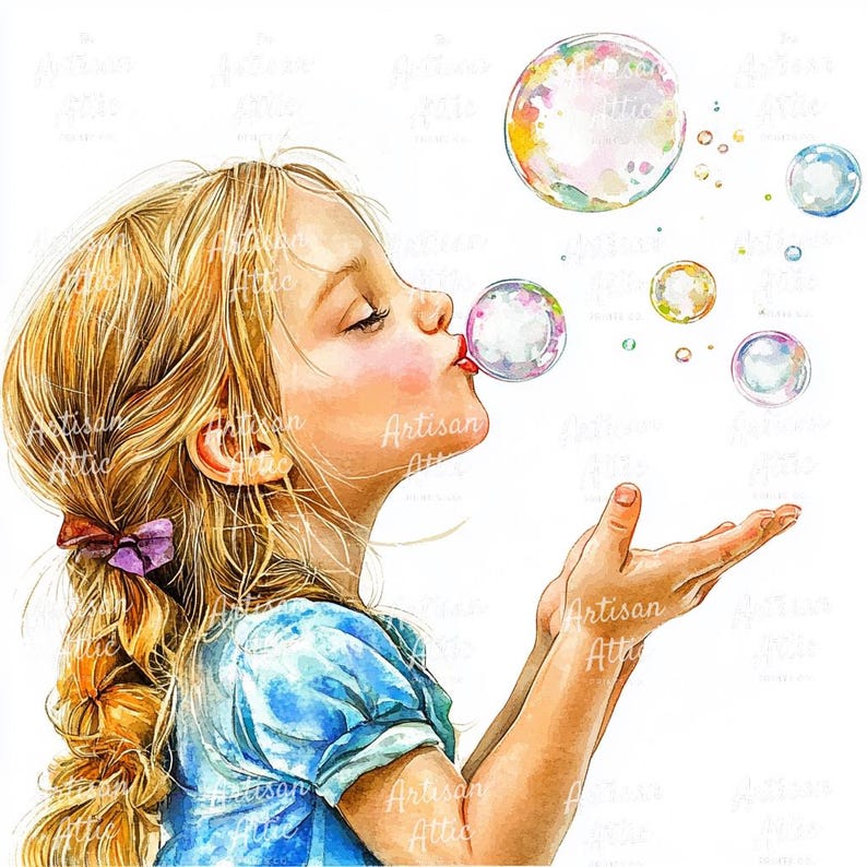10 Watercolor of Happy Little Girl Blowing Soap Bubbles With Joyful ...