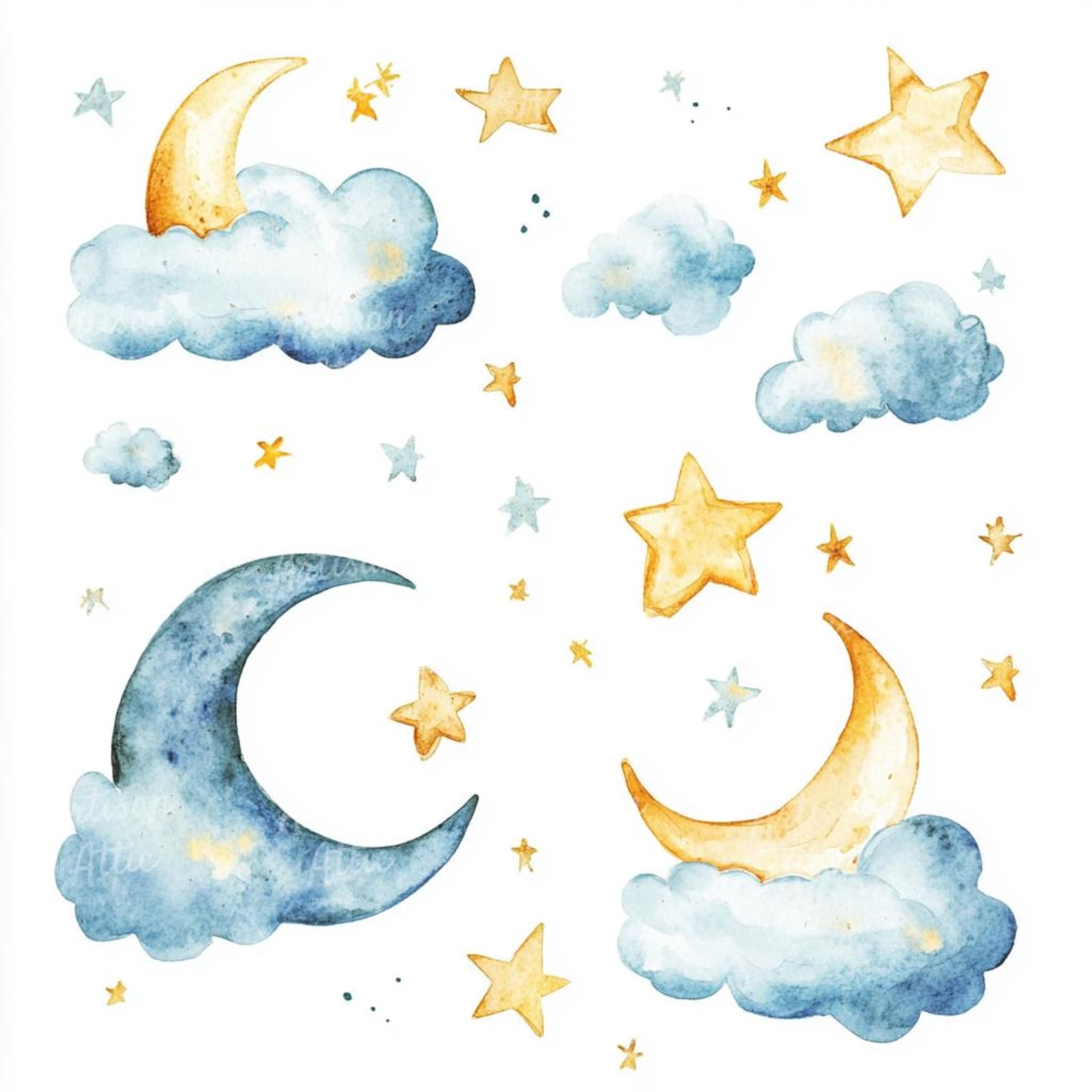 12 Watercolor Night Sky Clipart | Moon and Stars | Clouds and Sun ...
