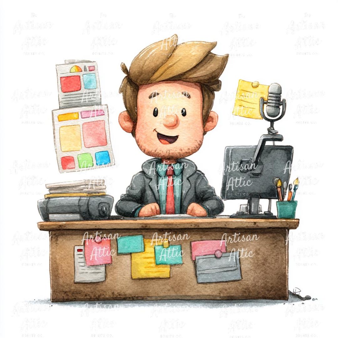 News Anchor Watercolor Clipart – Boy at Desk, Microphone (digital ...