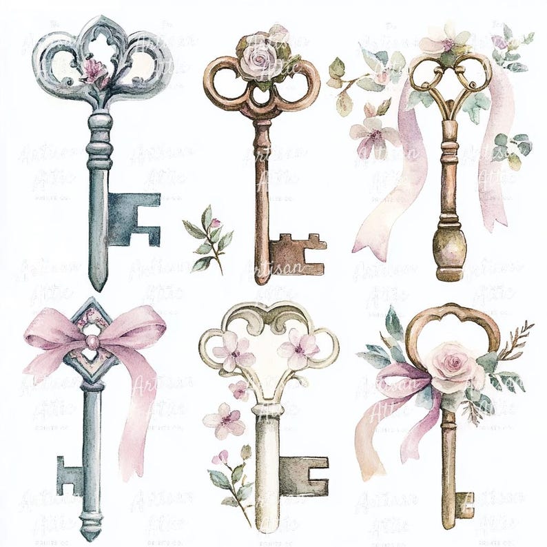 12 Vintage Floral Skeleton Key Clipart – Ornate Watercolor Keys With ...