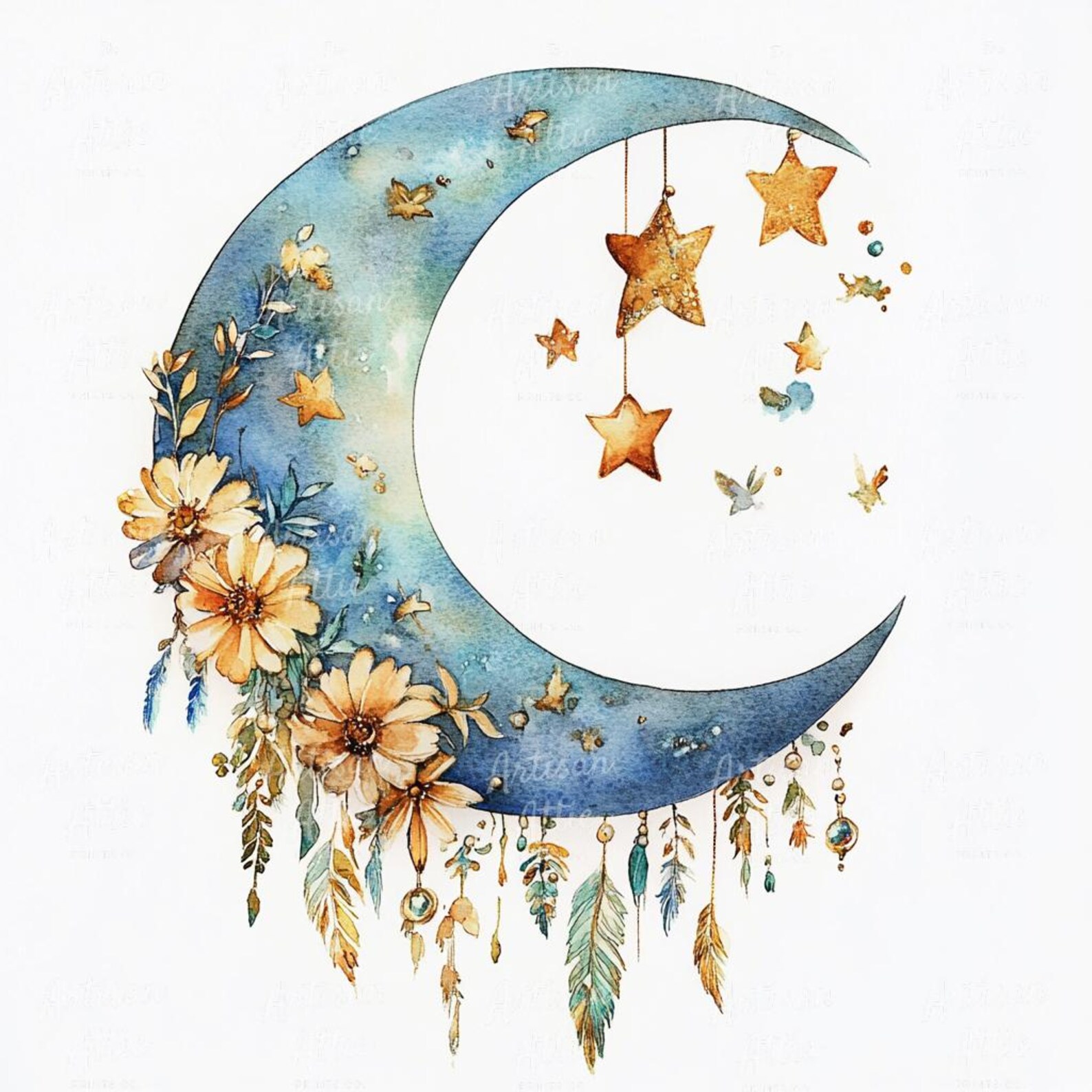 12 Boho Moon and Stars Clipart | Watercolor Moon With Golden Stars ...
