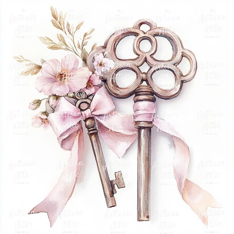 12 Vintage Floral Skeleton Key Clipart – Ornate Watercolor Keys With ...