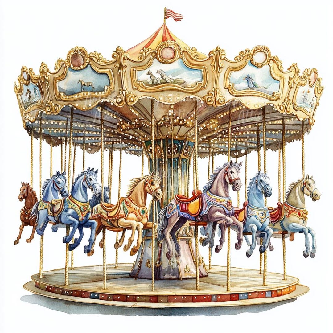 9 Watercolor Carousel Clipart, Vintage Horse Carousel, Amusement Park ...
