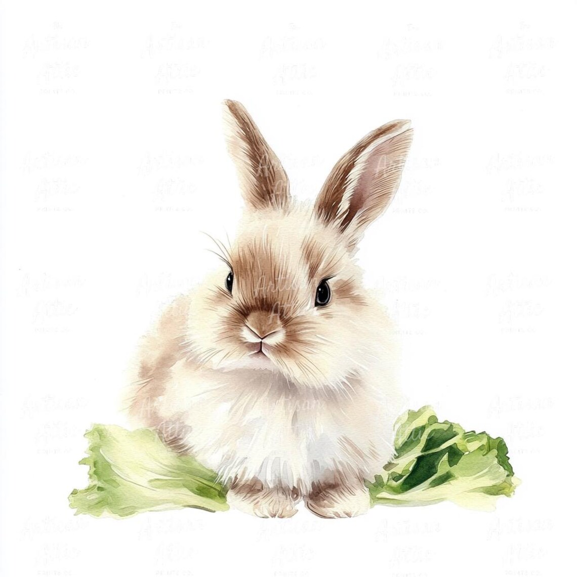 12 Fluffy Bunny Watercolor Clipart, Cute Rabbit With Lettuce, Digital ...