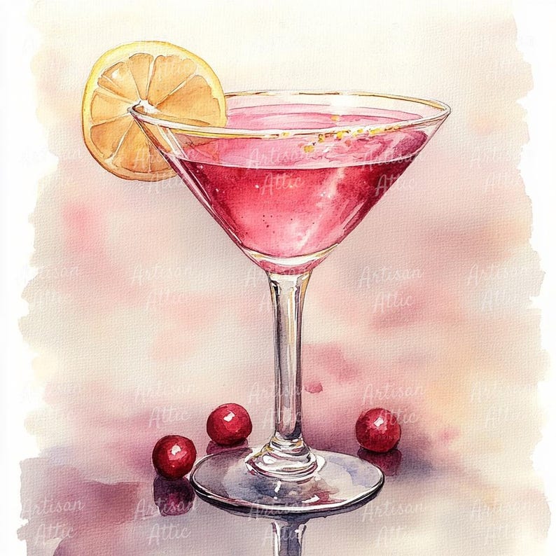 12 Watercolor Pink Cocktail Clipart, Cocktail Glass With Lemon and Ice ...