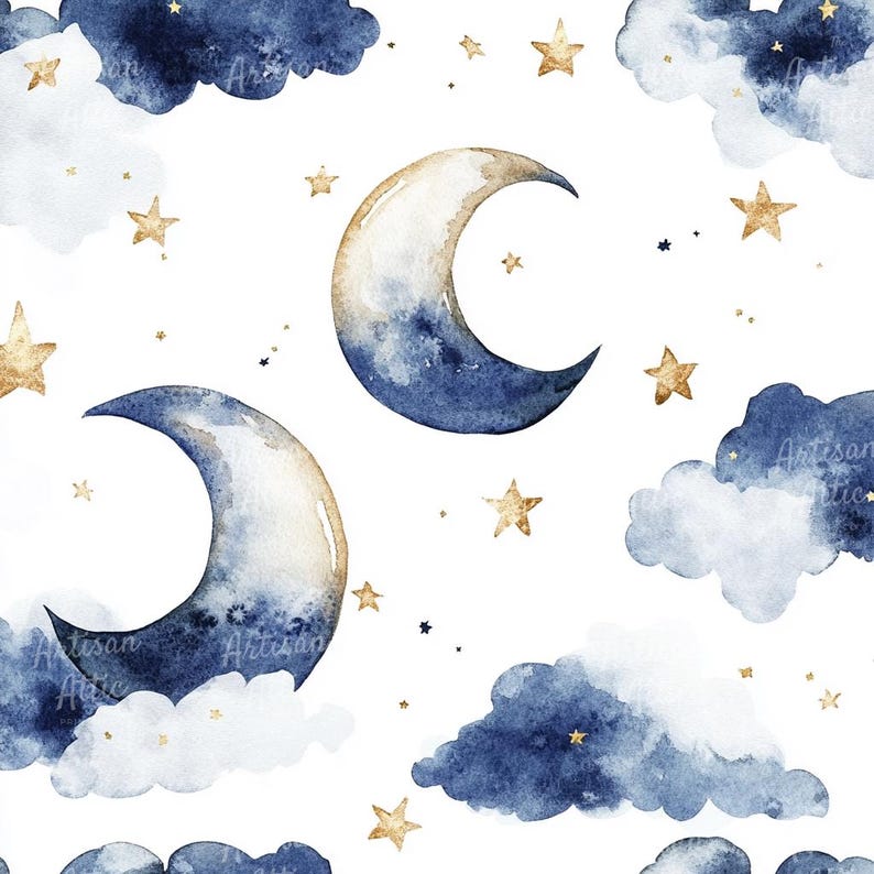 12 Watercolor Night Sky Clipart | Moon and Stars | Clouds and Sun ...