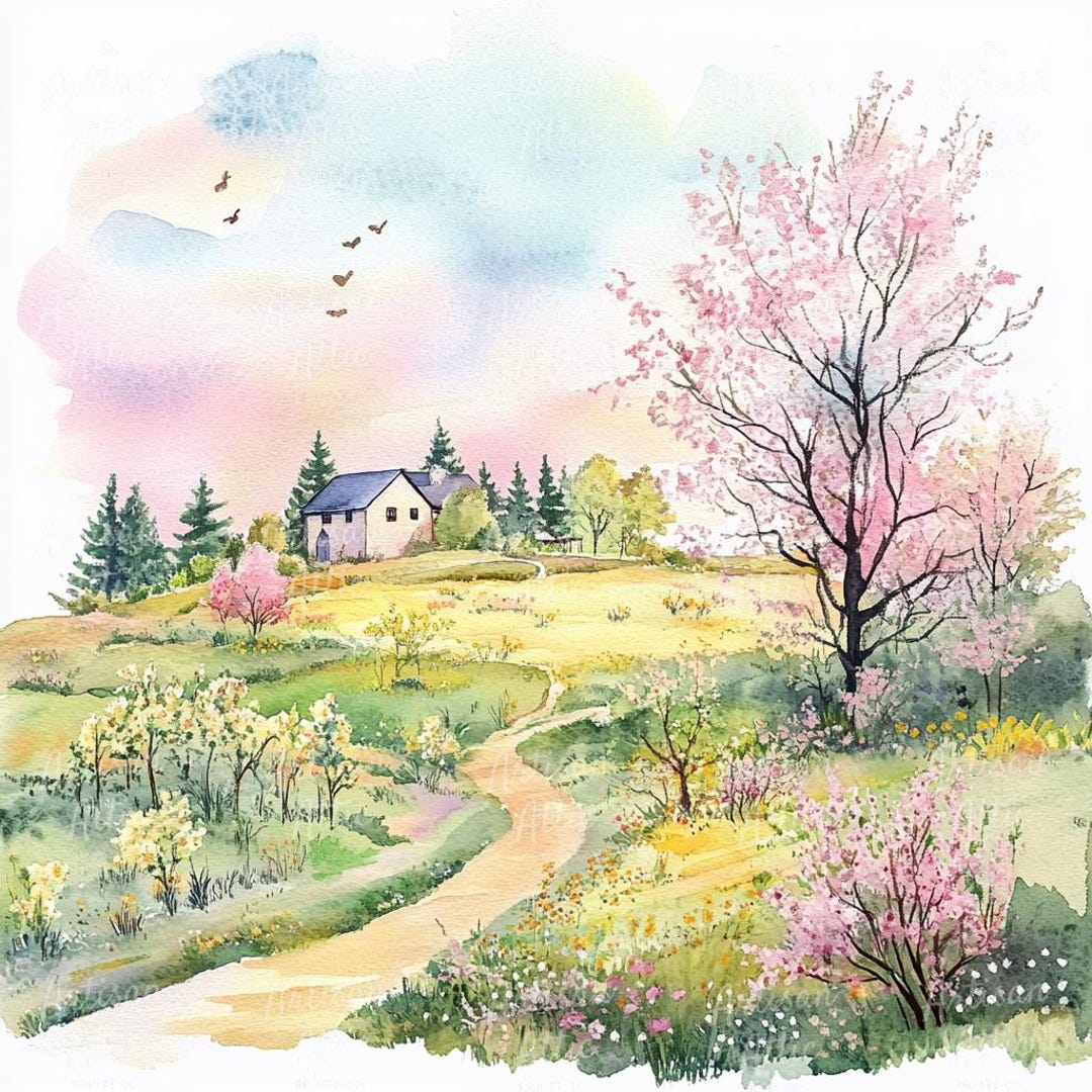 12 Spring Watercolor Landscape Clipart – Digital Crafting PNG for ...