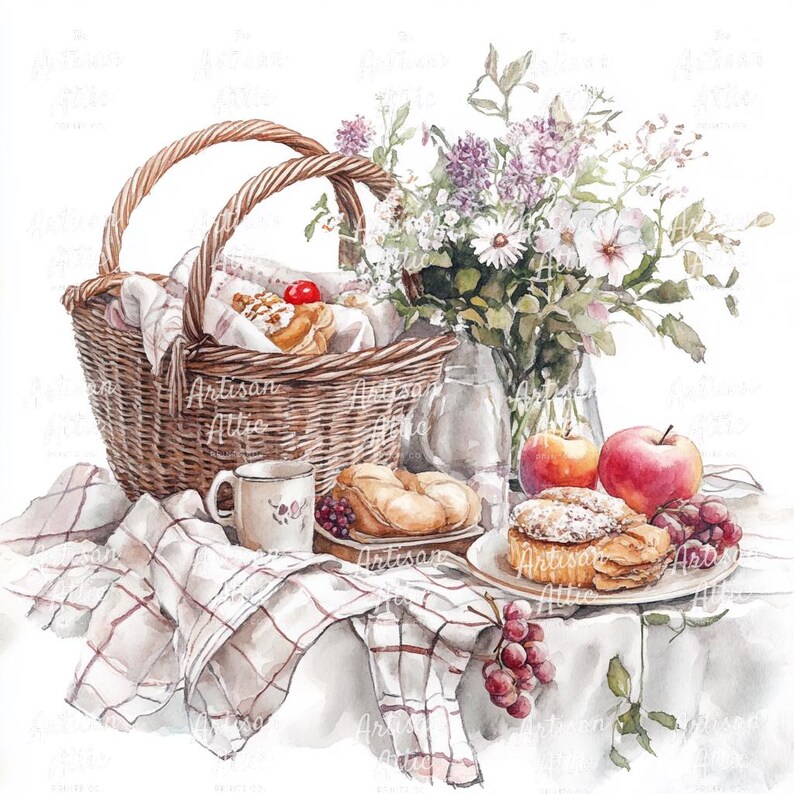 14 Watercolor Picnic Basket Clipart, Rustic Still Life With Fruit ...