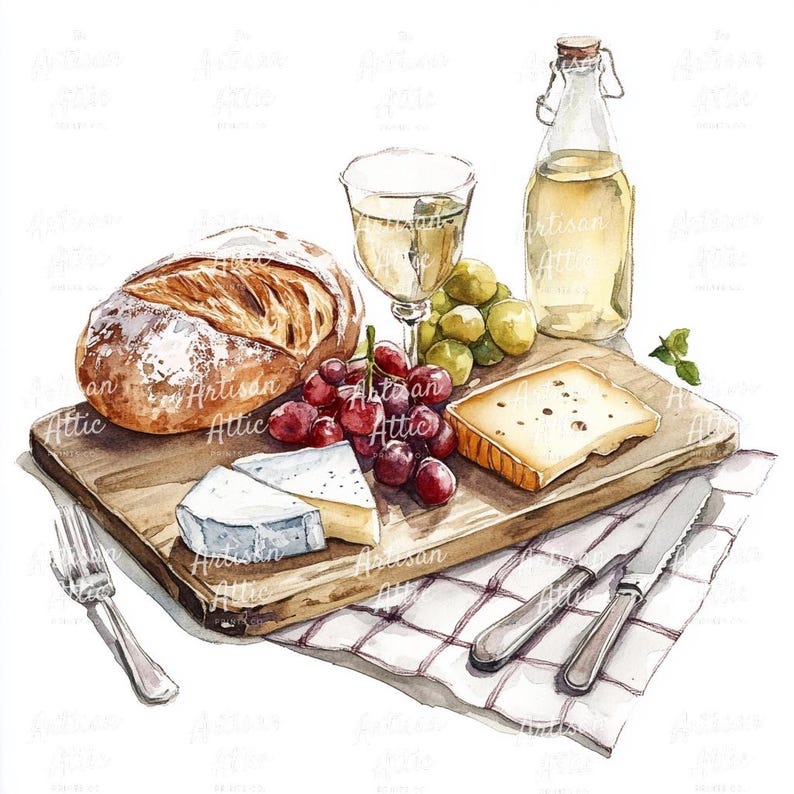 12 Watercolor Clipart Cheese Bread Grapes Wine Picnic Board for Digital ...