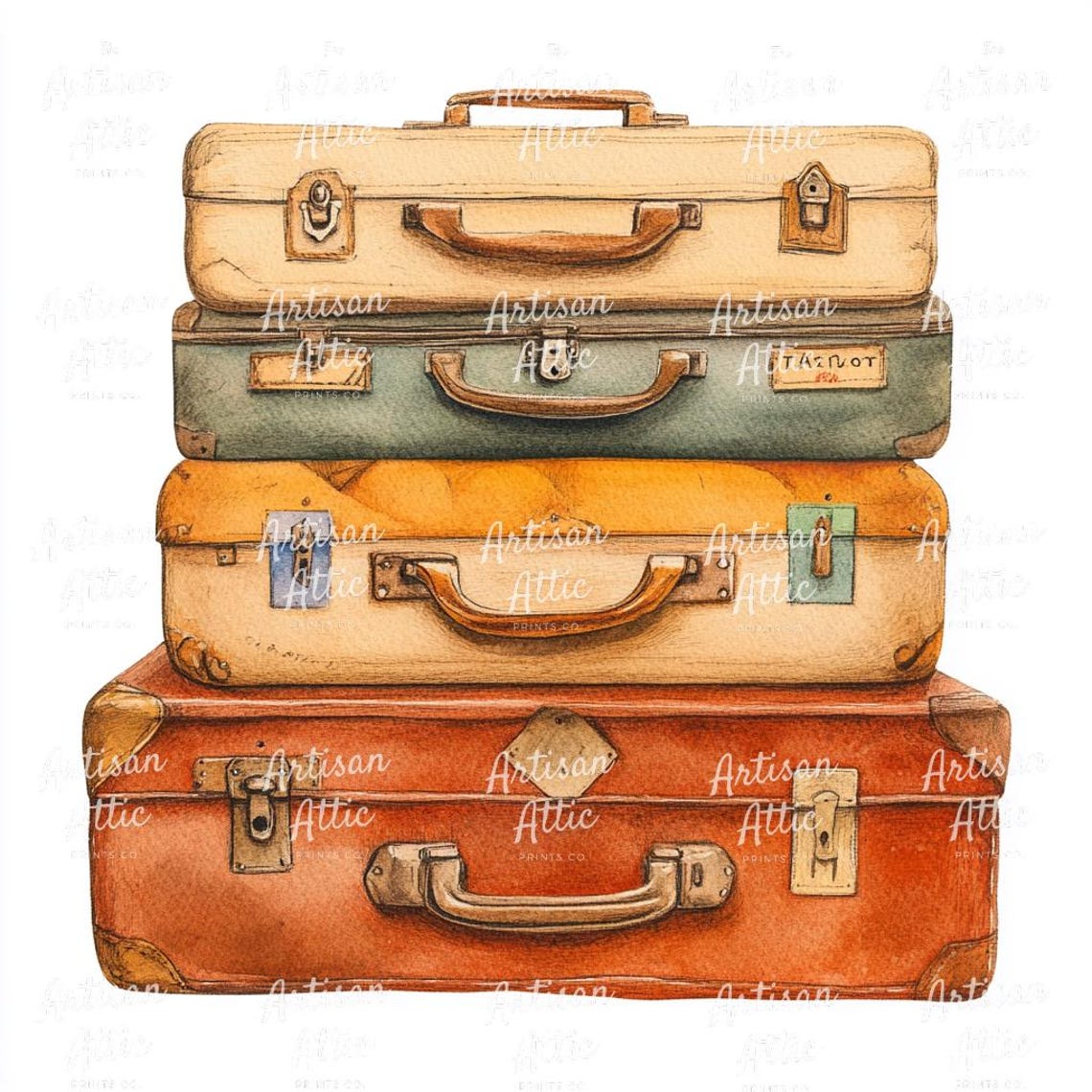 14 Watercolor Stack of Vintage Suitcases in Warm Retro Tones – Quirky ...