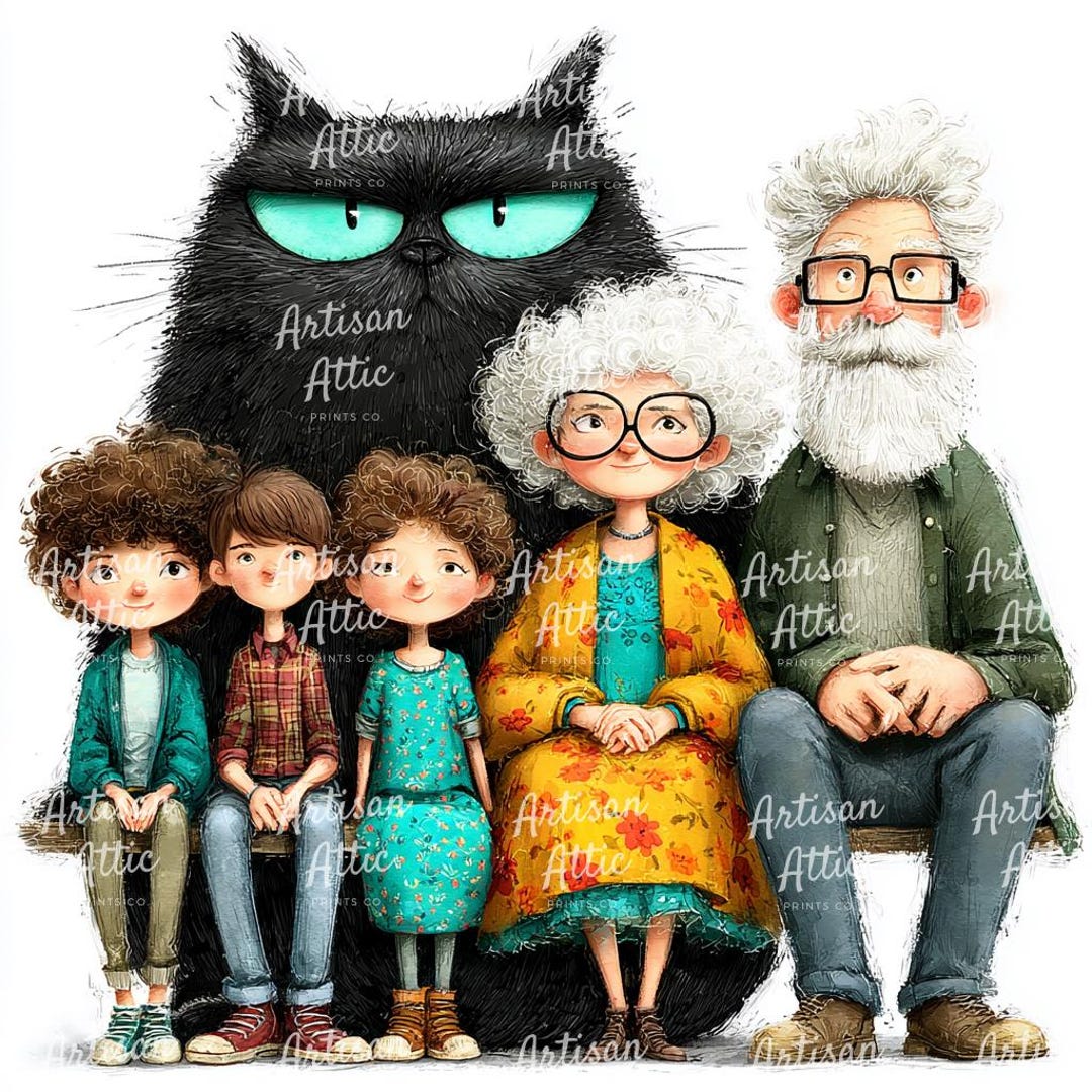 9 Clipart Images of Whimsical Family Cuddling With Giant Cat Quirky ...