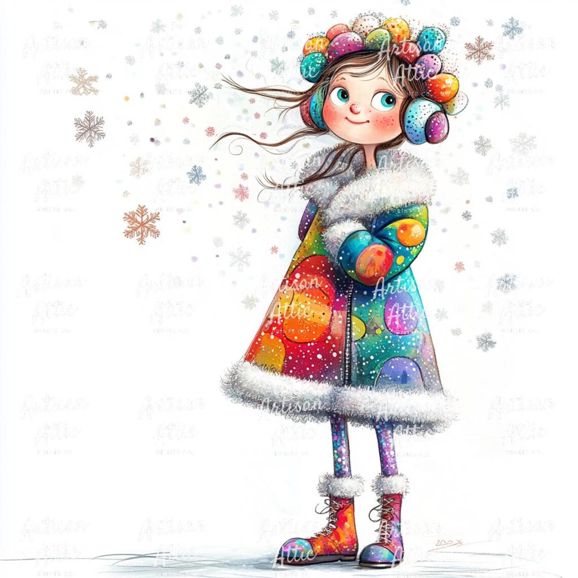 9 Quirky Winter Girl Watercolor Clipart | Rainbow Coat & Earmuffs With ...
