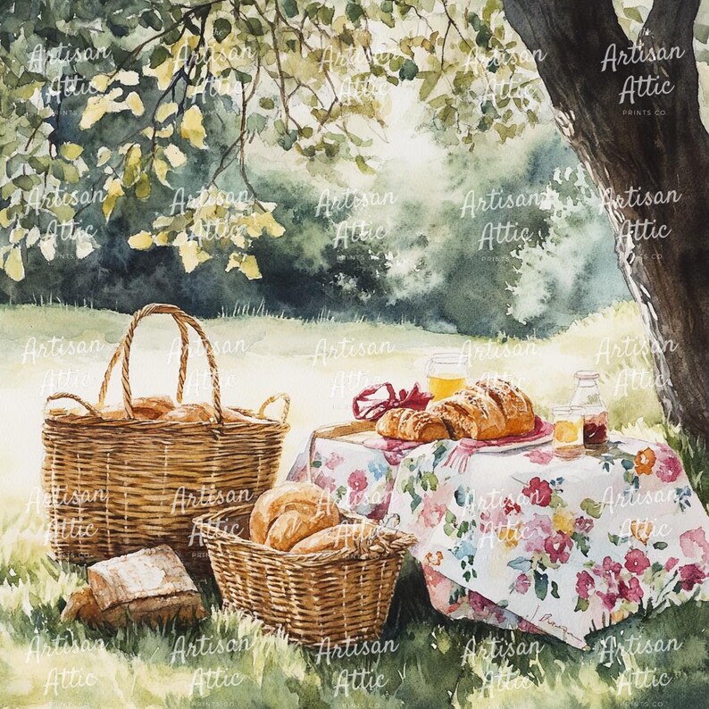 15 Watercolor Picnic Basket Clipart With Bread Loaves and Wicker ...