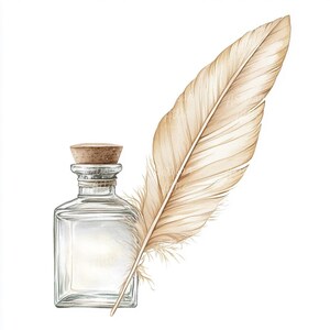12 Watercolor Ink Bottle Clipart With Feather, Elegant Stationery ...