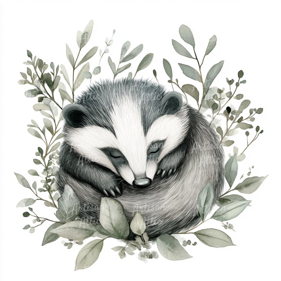 12 Watercolor Badger Clipart | Sleepy Badger With Greenery | Woodland ...