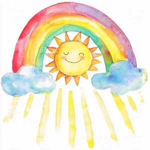 12 Watercolor Sun and Rainbow Clipart, Cute Rainbow Illustration, Happy ...