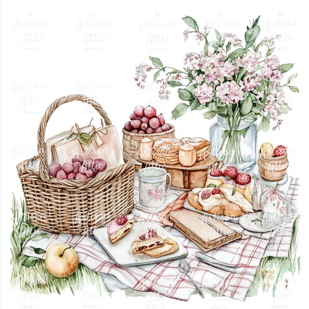 14 Watercolor Picnic Basket Clipart, Rustic Still Life With Fruit ...