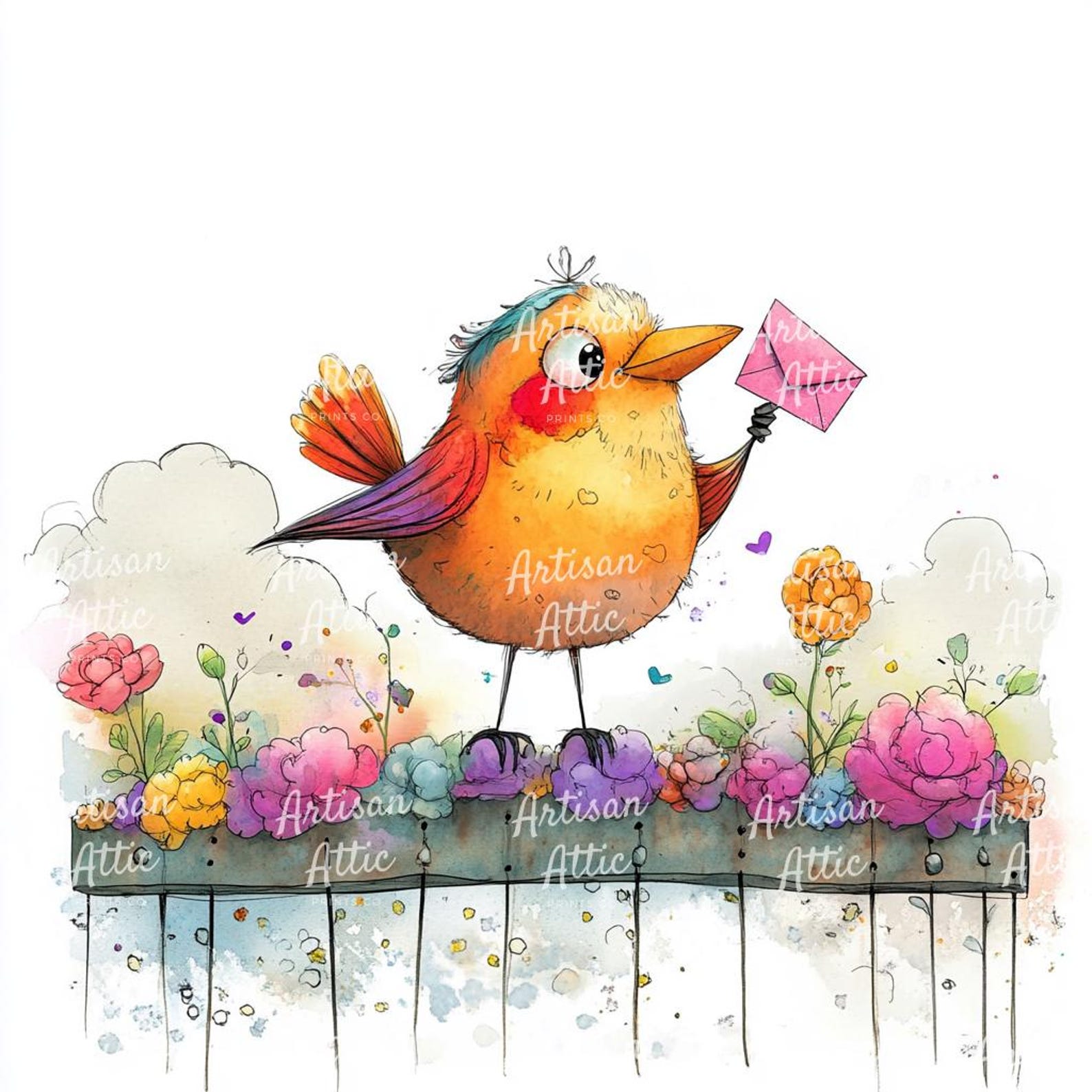 12 Quirky Watercolor Bird Clipart Holding Letter on Fence, Floral ...