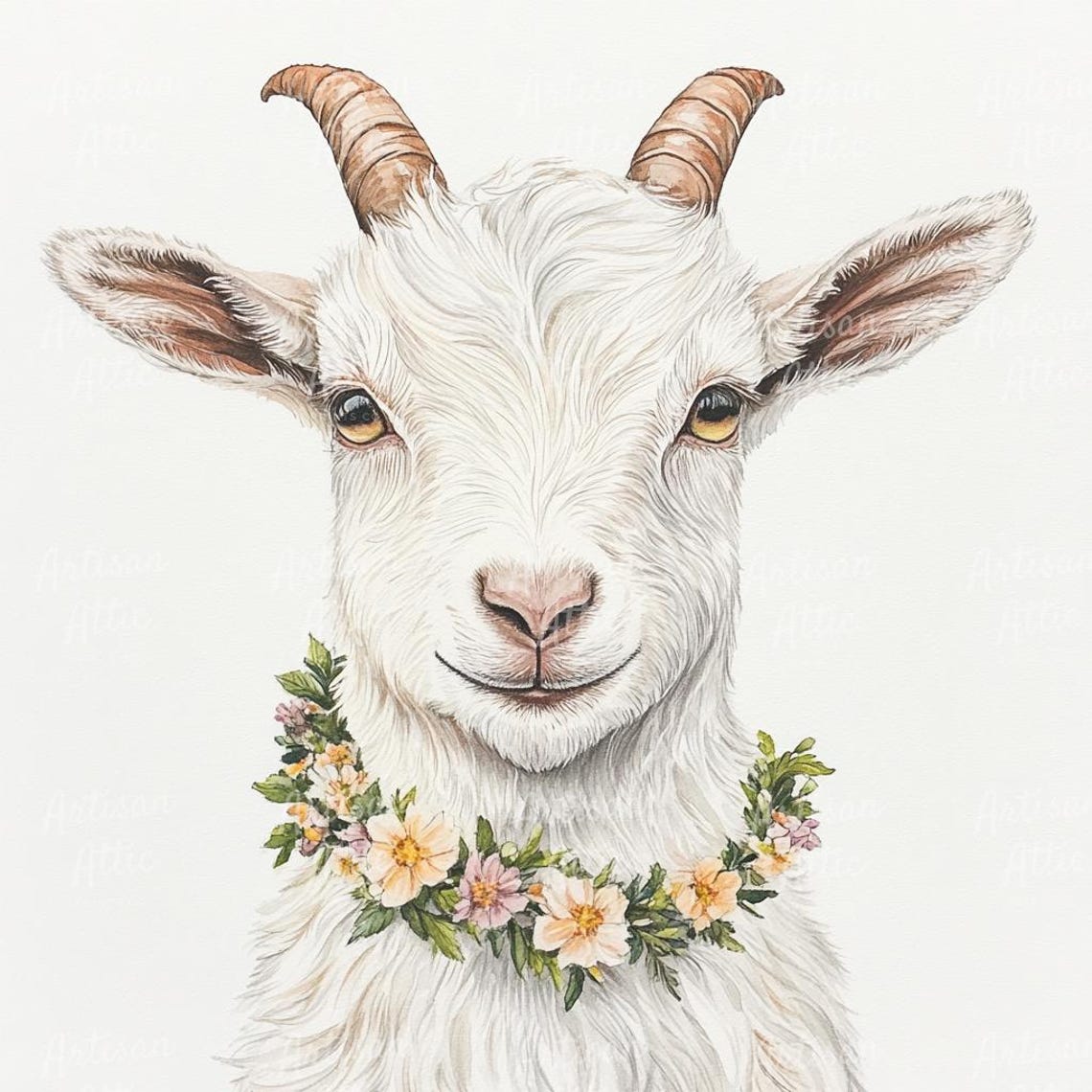 12 Adorable Goat With Flower Crown, Goat Portrait, Farm Animal Art ...