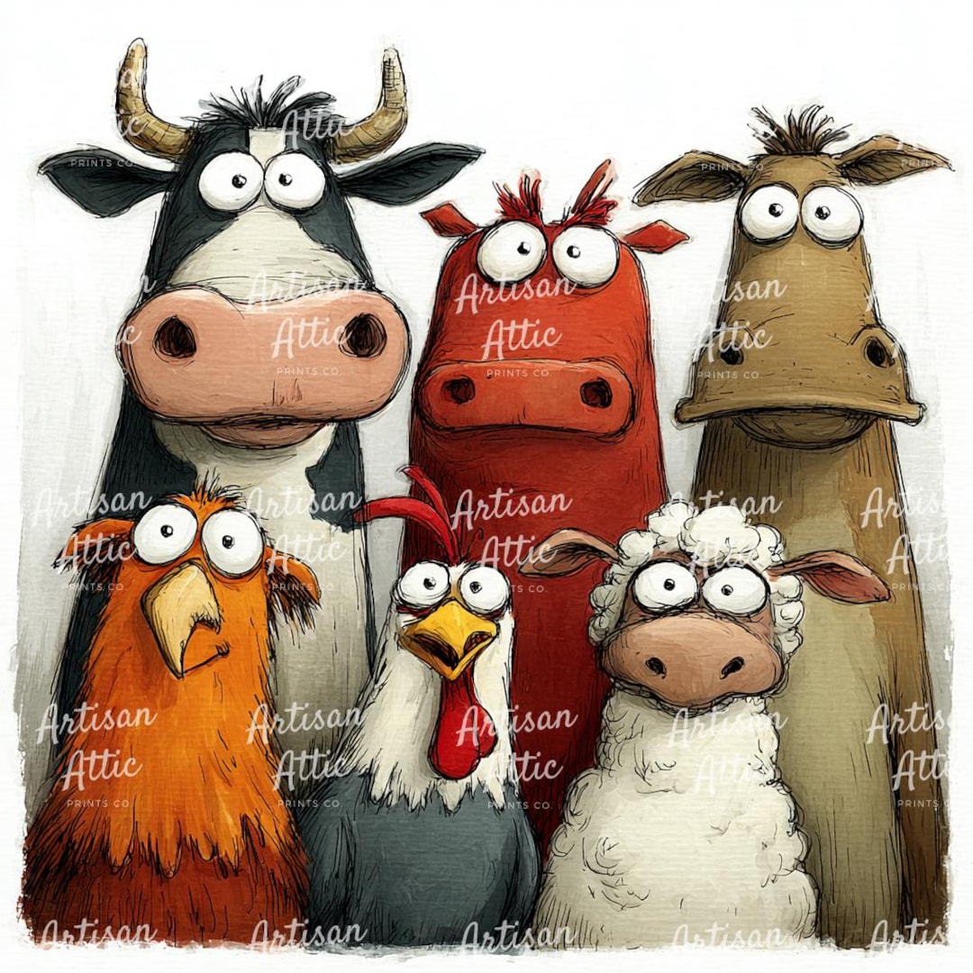 11 JPG Images of Funny Farm Animals Quirky Watercolor Digital Clipart ...