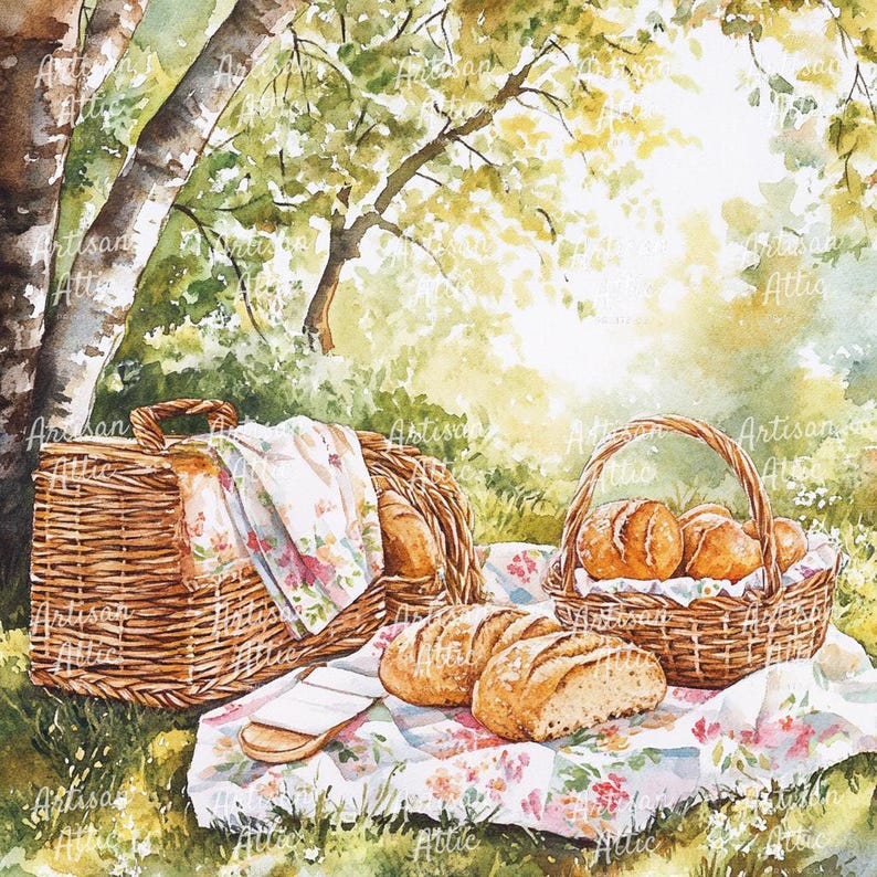 15 Watercolor Picnic Basket Clipart With Bread Loaves and Wicker ...