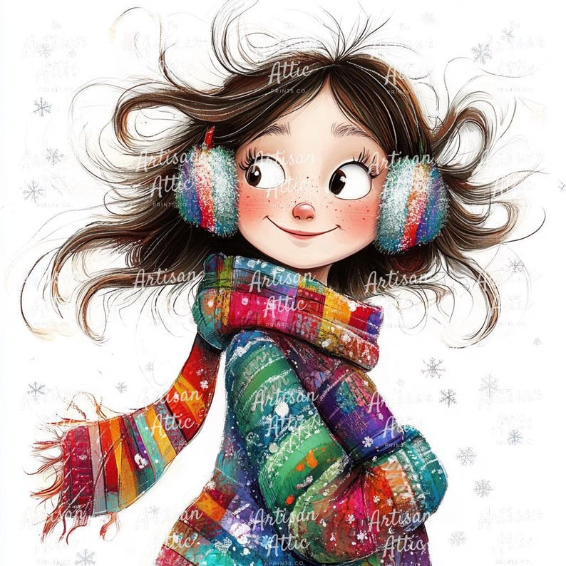 9 Quirky Winter Girl Watercolor Clipart | Rainbow Coat & Earmuffs With ...