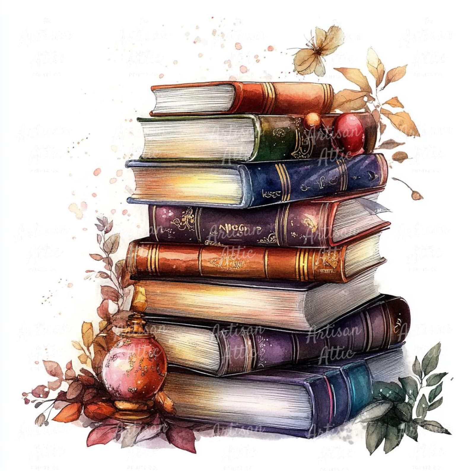 12 Watercolor Magic Books Clipart, Stack of Antique Books, Enchanted ...
