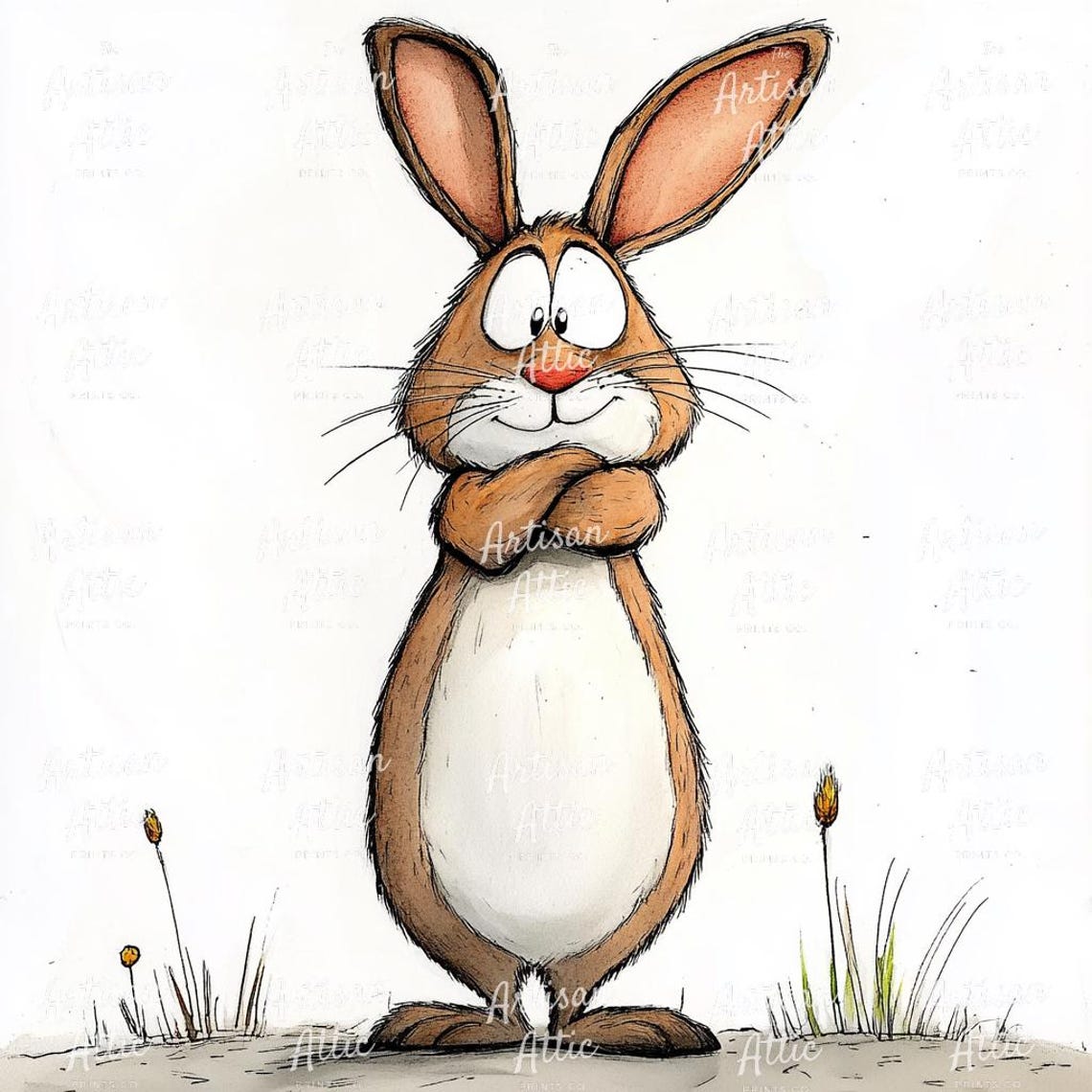 Watercolor Rabbit Clipart: Upright Ears, Crossed Arms (JPG Download ...