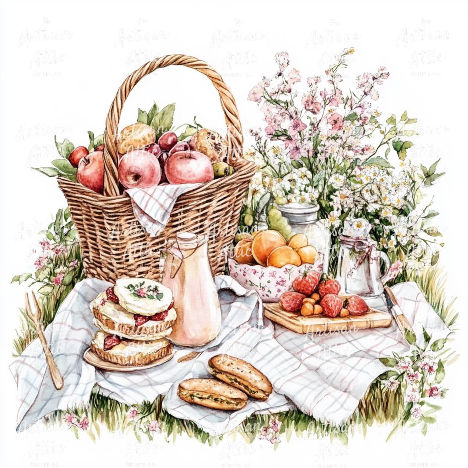 14 Watercolor Picnic Basket Clipart, Rustic Still Life With Fruit ...