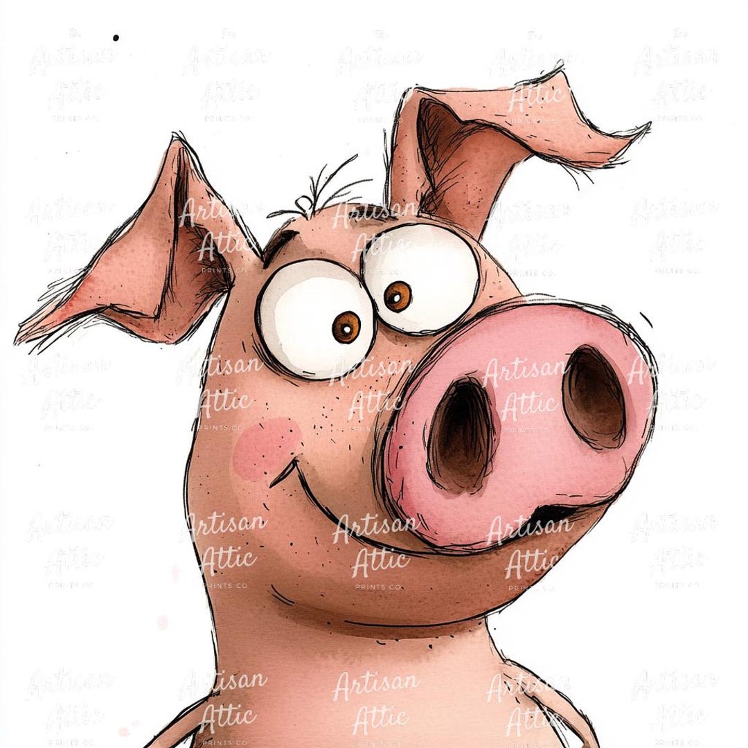 11 Quirky Watercolor Pig With Goofy Eyes and Floppy Ears, Pink Snout ...